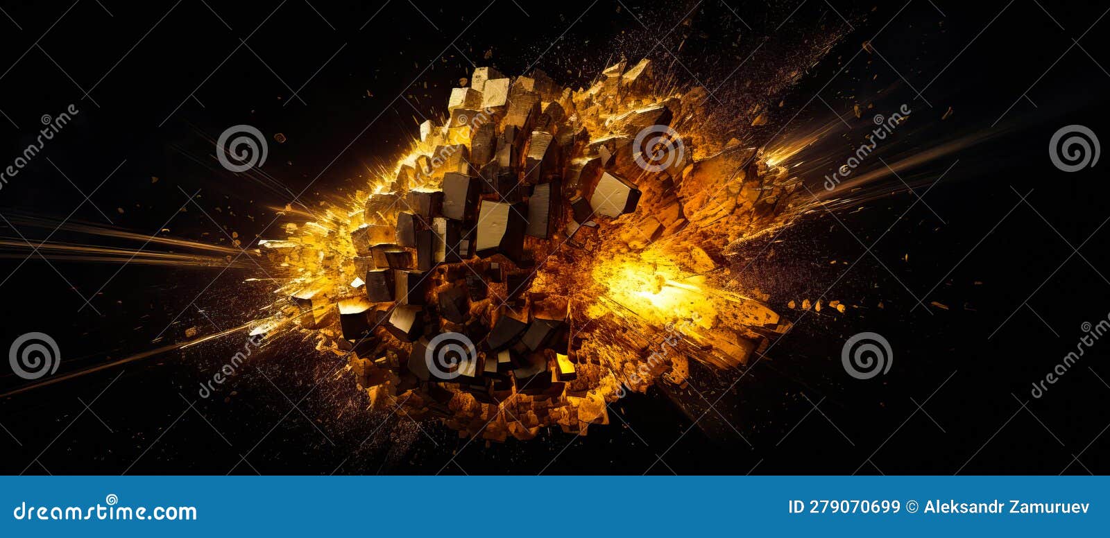 3d Rendering of Explosion of Gold Particles. Explosion of Golden Cubes ...