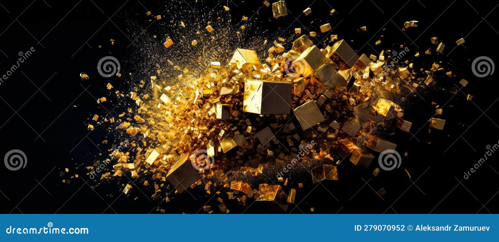 3d Rendering of Explosion of Gold Particles. Explosion of Golden Cubes ...