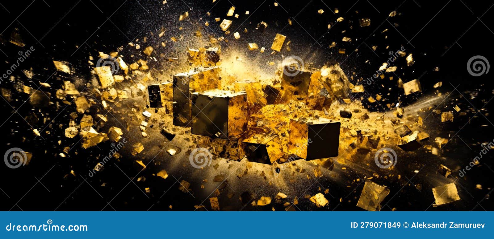 3d Rendering of Explosion of Gold Particles. Explosion of Golden Cubes ...