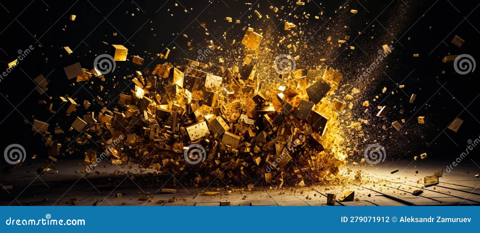 3d Rendering of Explosion of Gold Particles. Explosion of Golden Cubes ...