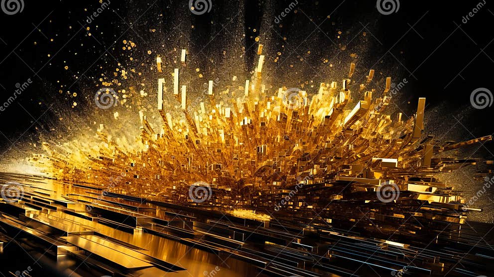 3d Rendering of Explosion of Gold Particles. Explosion of Golden Cubes ...