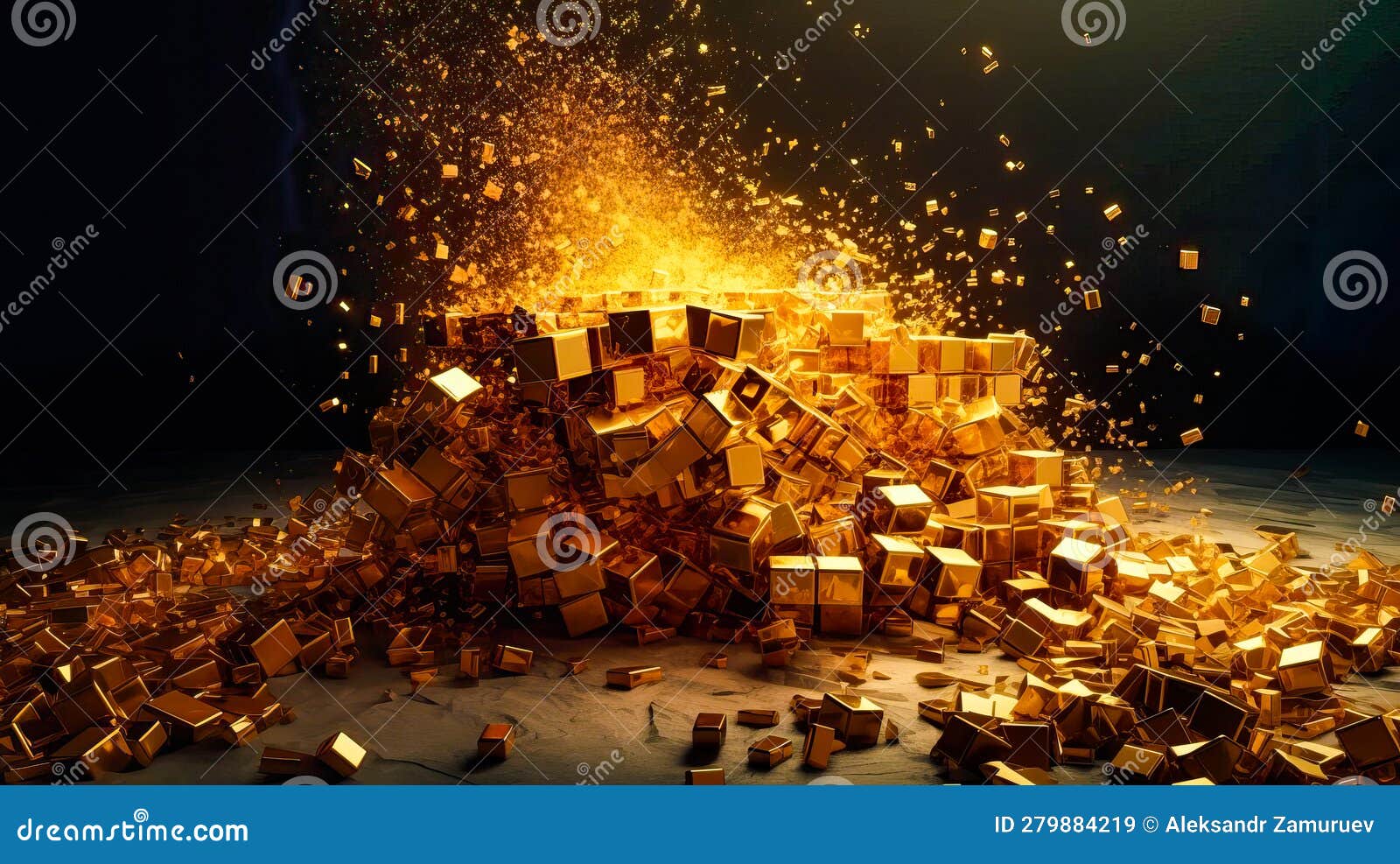 3d Rendering of Explosion of Gold Particles. Explosion of Golden Cubes ...