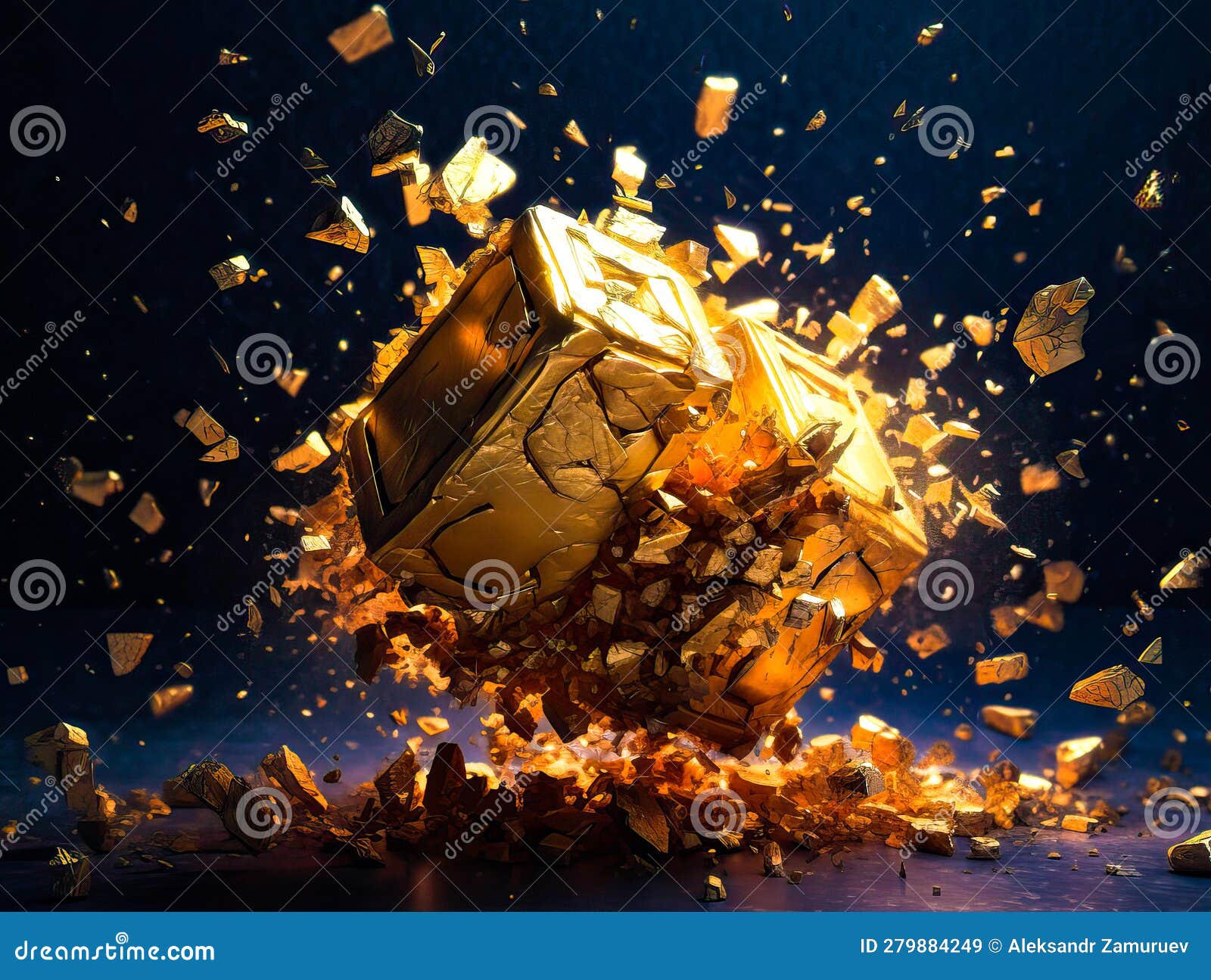3d Rendering of Explosion of Gold Particles. Explosion of Golden Cubes ...