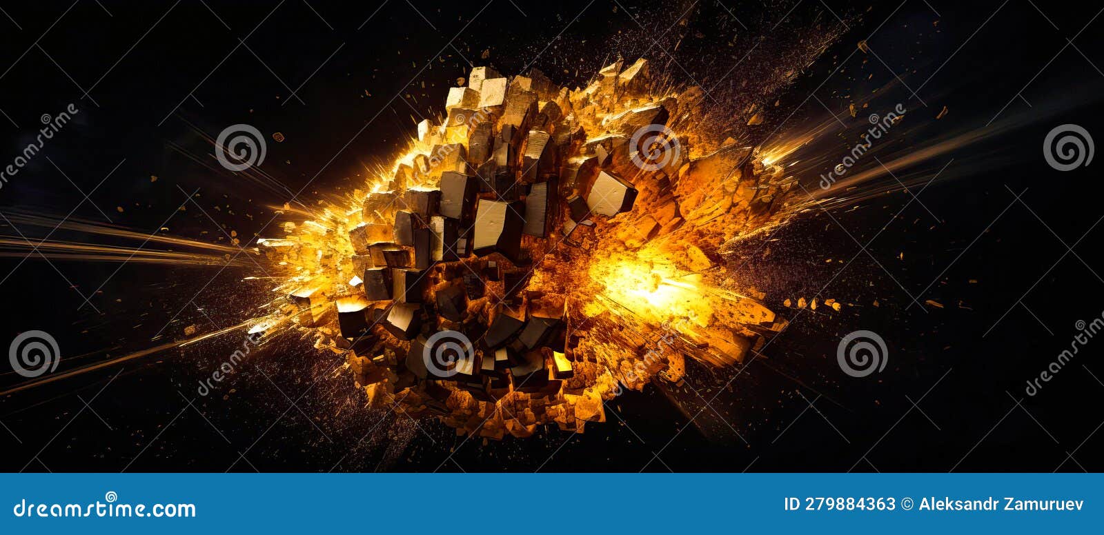 3d Rendering of Explosion of Gold Particles. Explosion of Golden Cubes ...