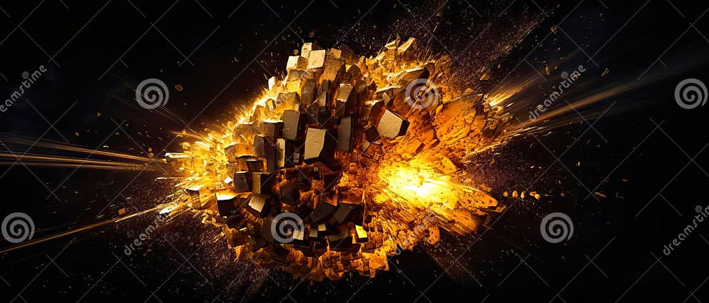 3d Rendering of Explosion of Gold Particles. Explosion of Golden Cubes ...