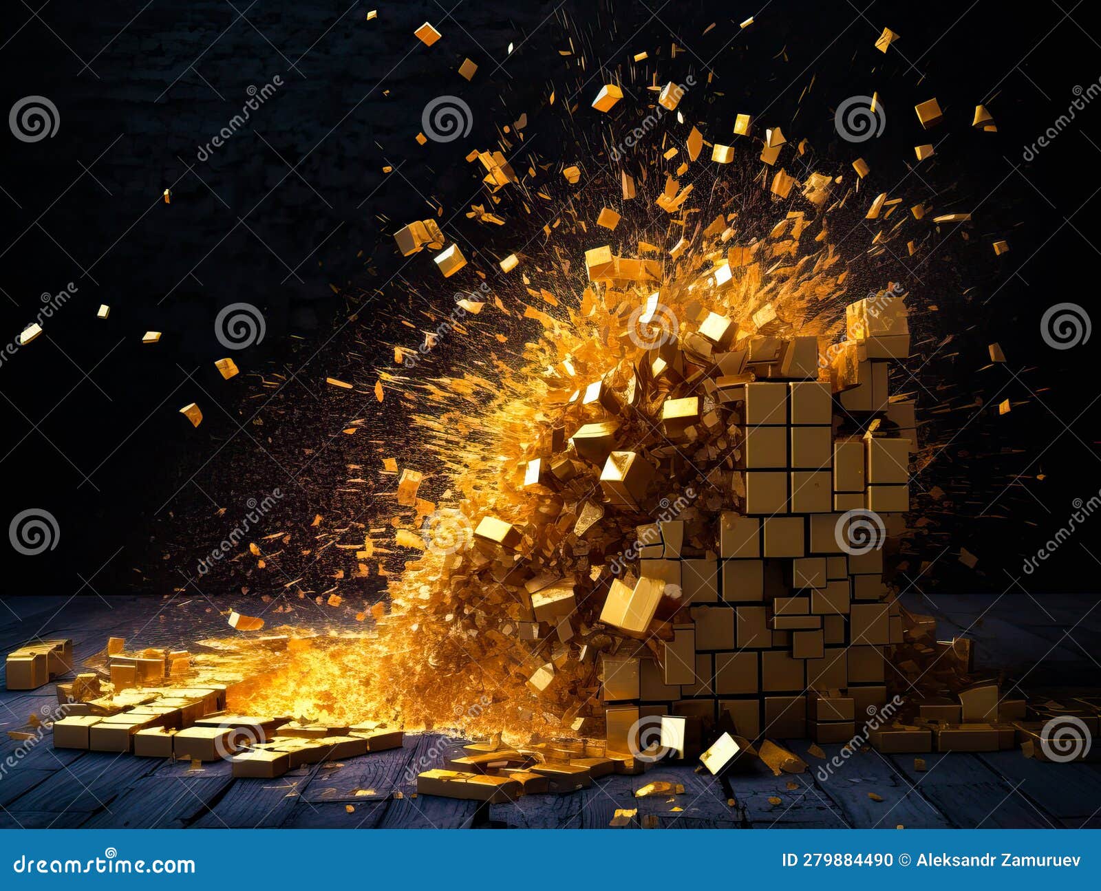 3d Rendering of Explosion of Gold Particles. Explosion of Golden Cubes ...
