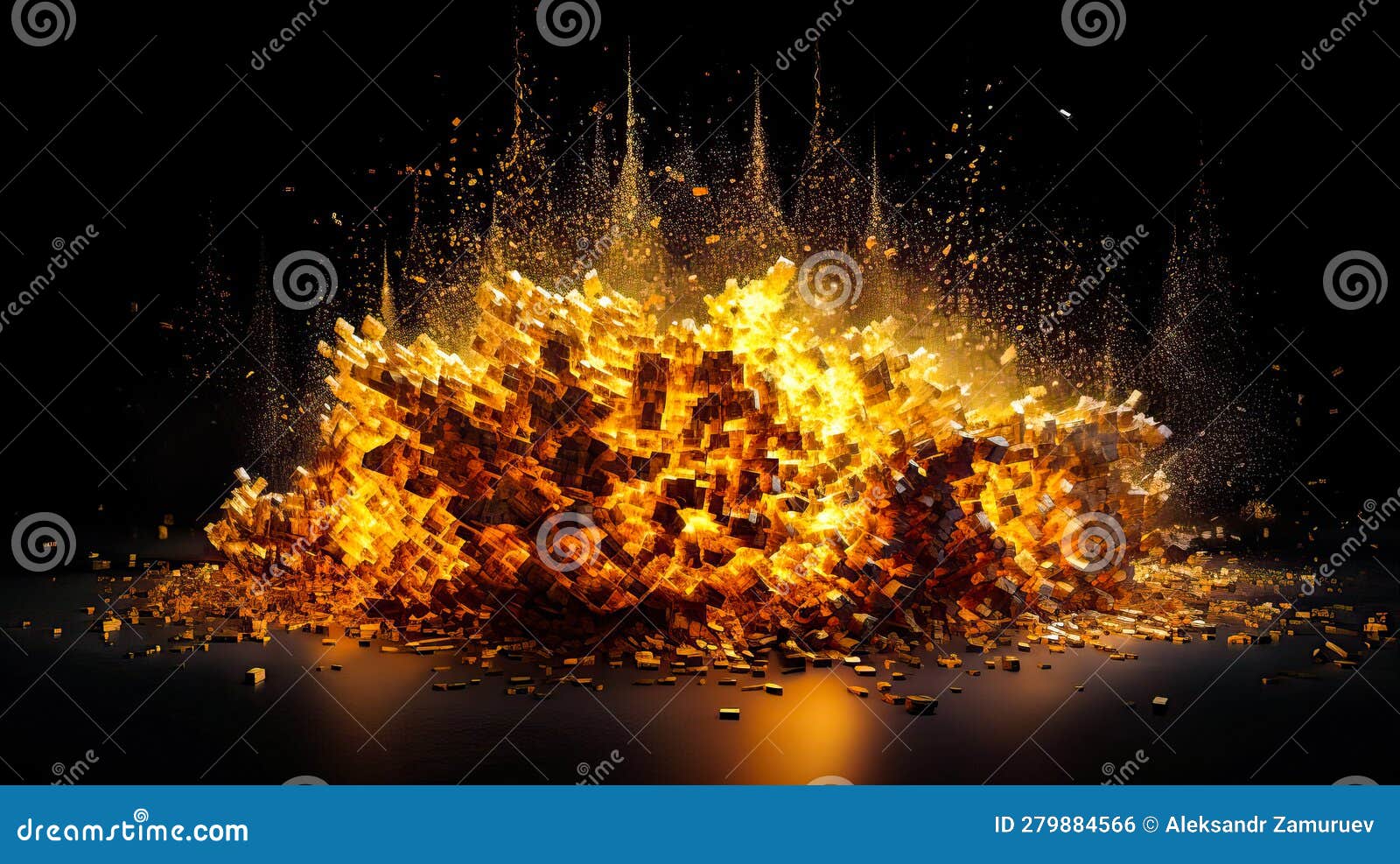 3d Rendering of Explosion of Gold Particles. Explosion of Golden Cubes ...