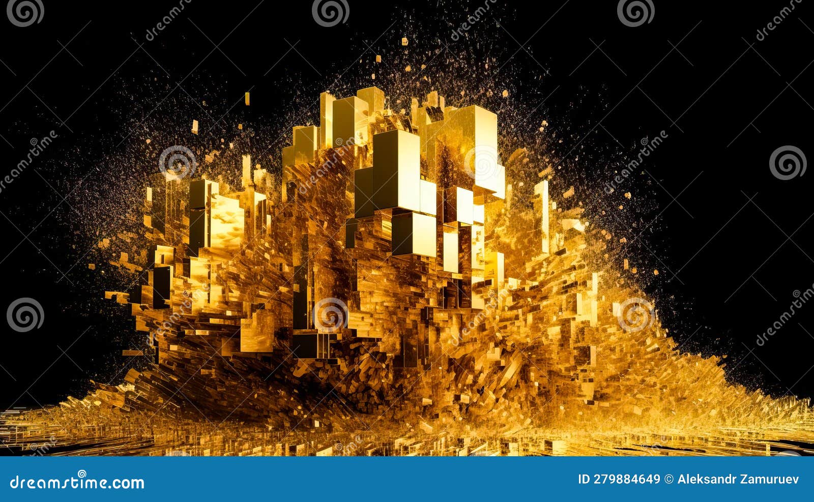 3d Rendering of Explosion of Gold Particles. Explosion of Golden Cubes ...