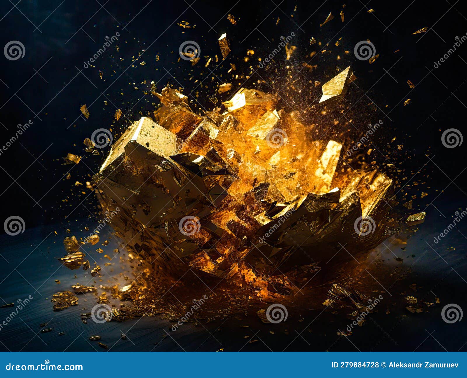 3d Rendering of Explosion of Gold Particles. Explosion of Golden Cubes ...