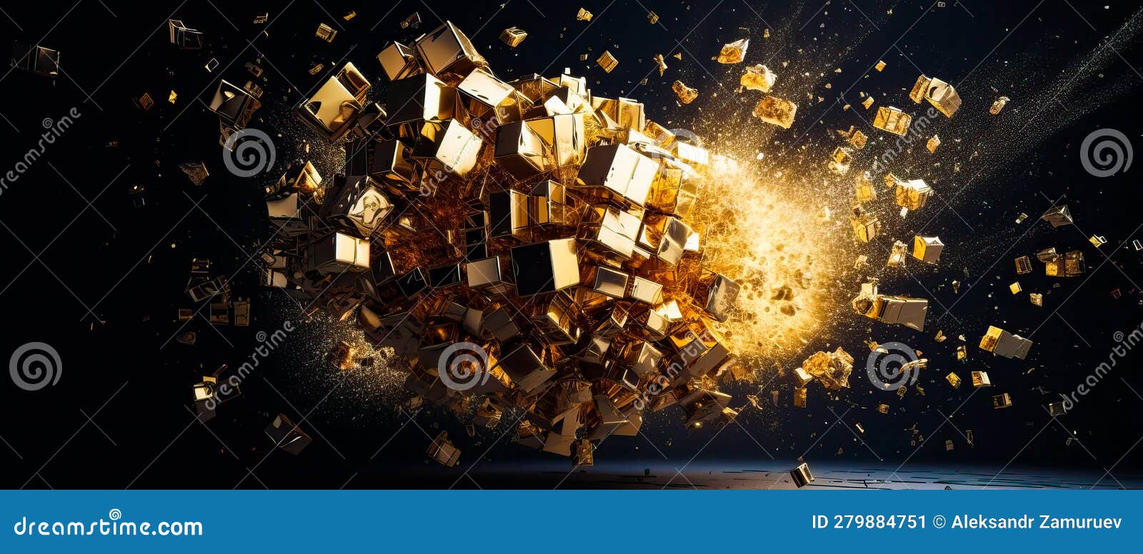 3d Rendering of Explosion of Gold Particles. Explosion of Golden Cubes ...