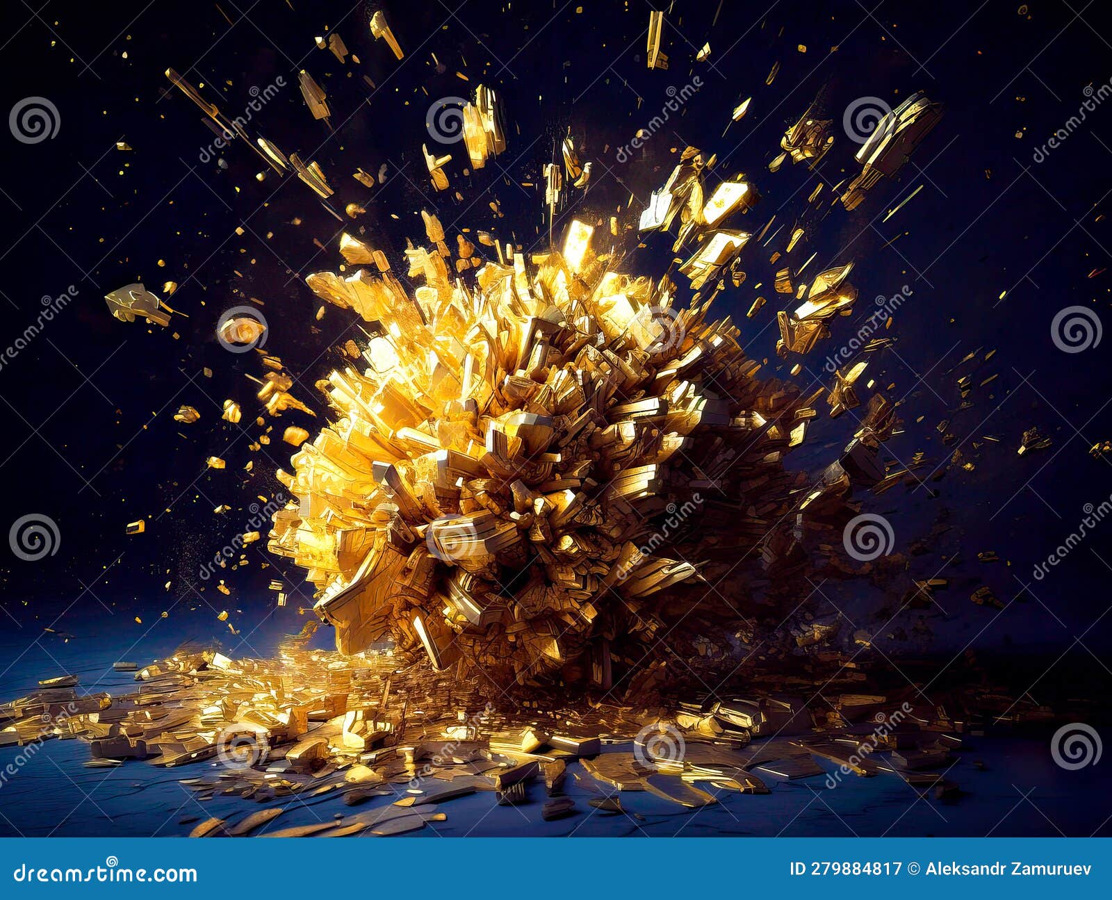 3d Rendering of Explosion of Gold Particles. Explosion of Golden Cubes ...