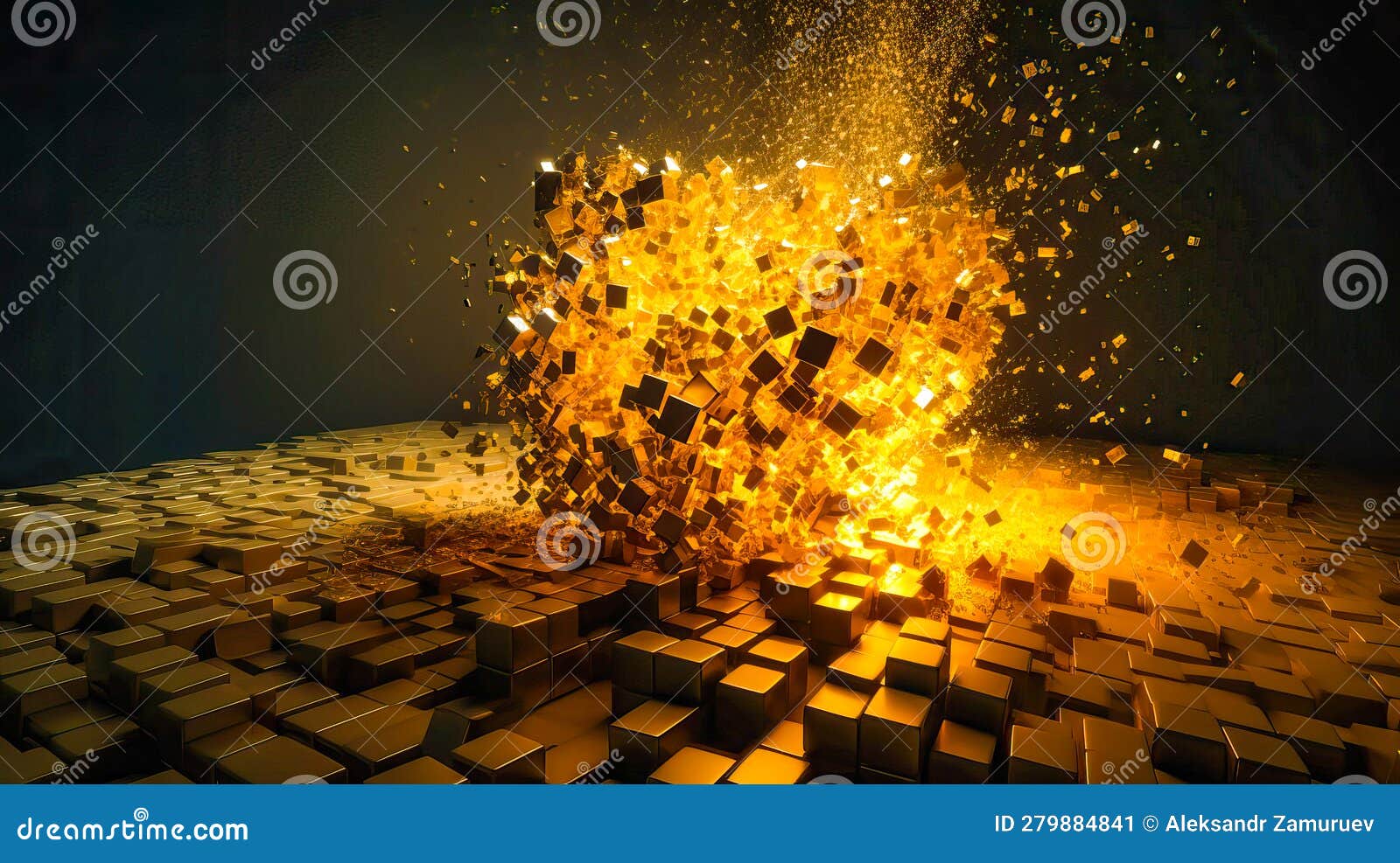 3d Rendering of Explosion of Gold Particles. Explosion of Golden Cubes ...