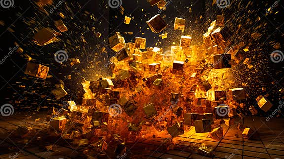 3d Rendering of Explosion of Gold Particles. Explosion of Golden Cubes ...