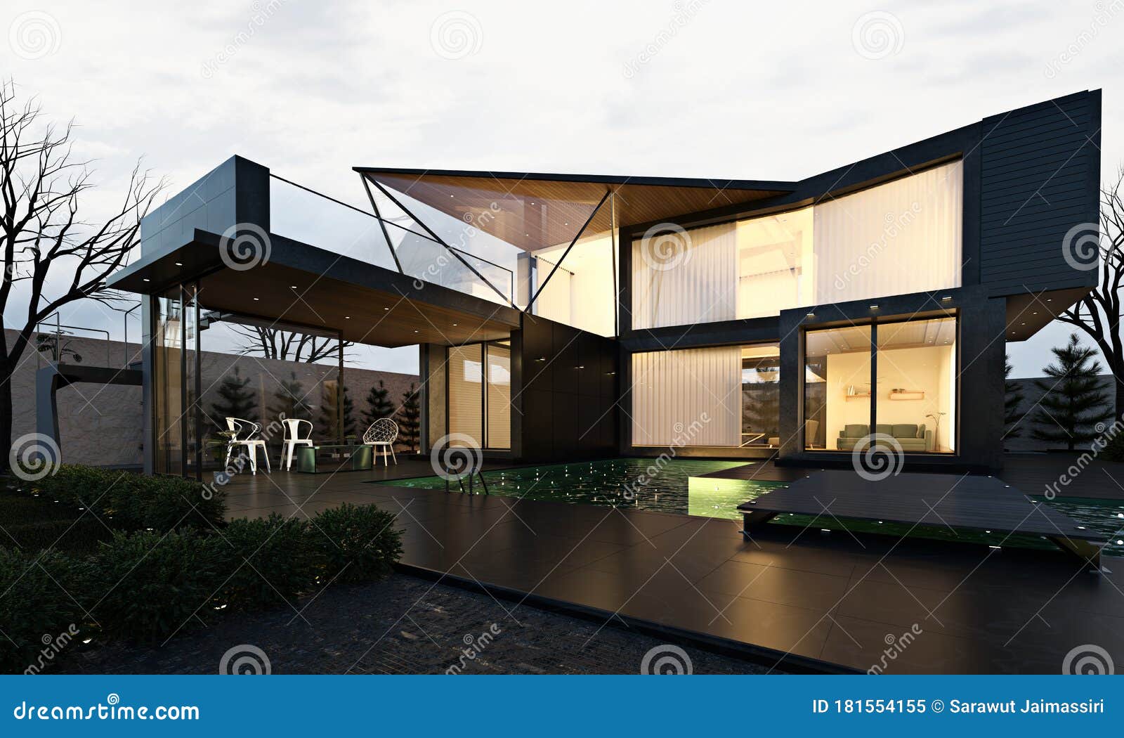 3d Rendering Exterior Architecture Modern House in Night Environment ...