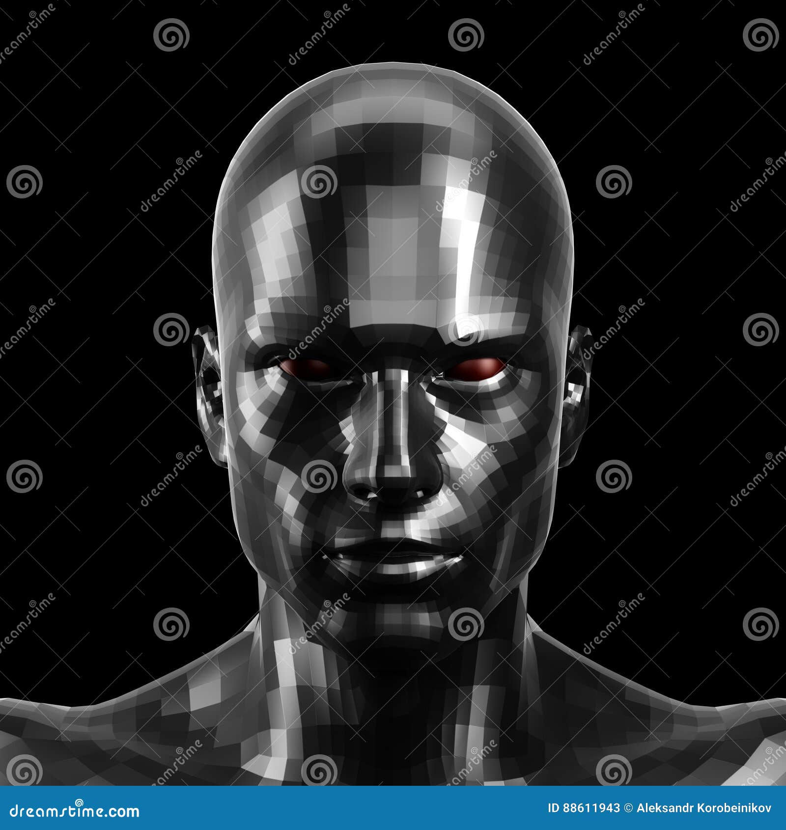 3D Rendering. Faceted Black Robot Face with Red Eyes Looking Front on ...