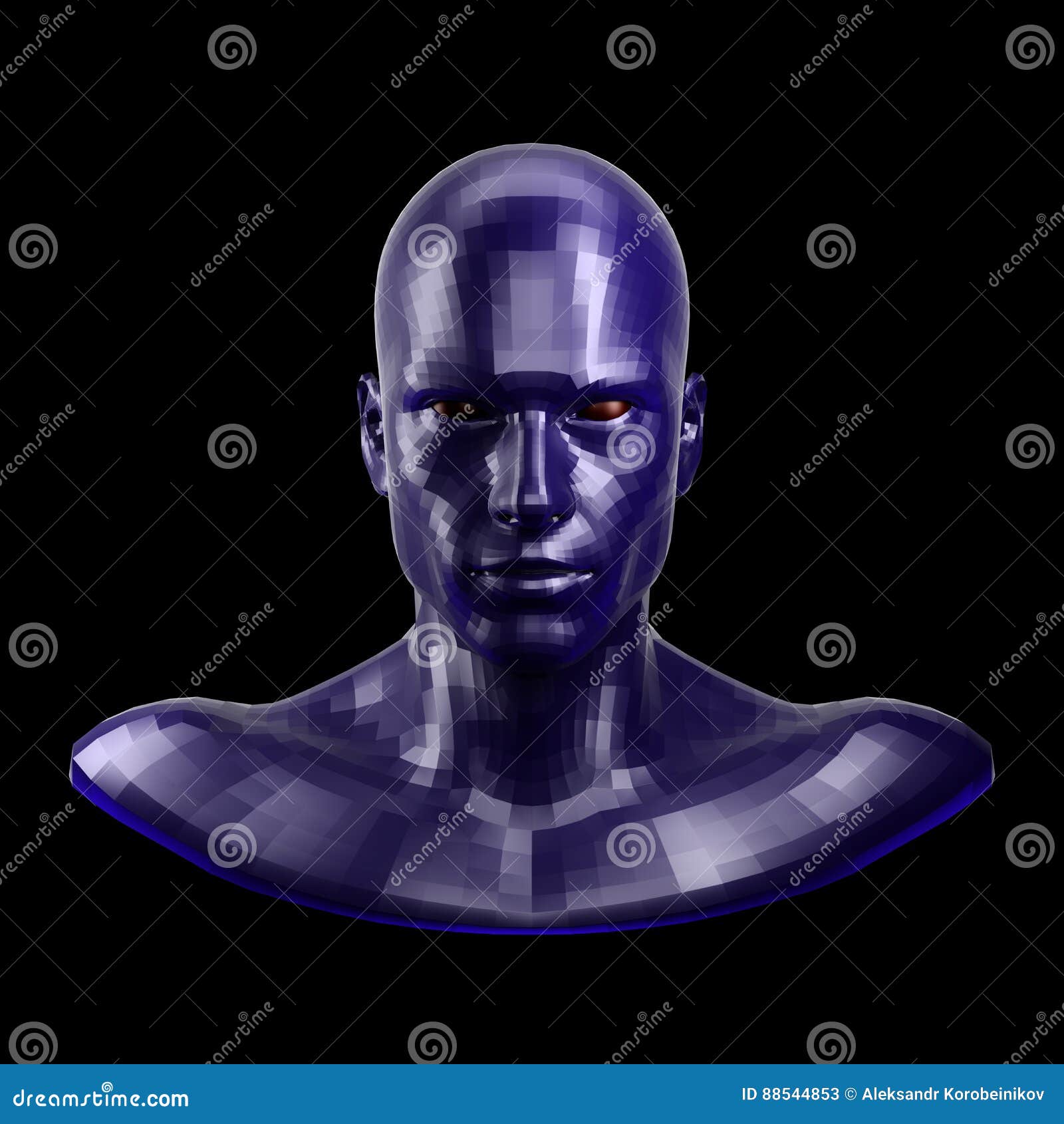 3D Rendering. Faceted Blue Robot Face with Red Eyes Looking Front on ...