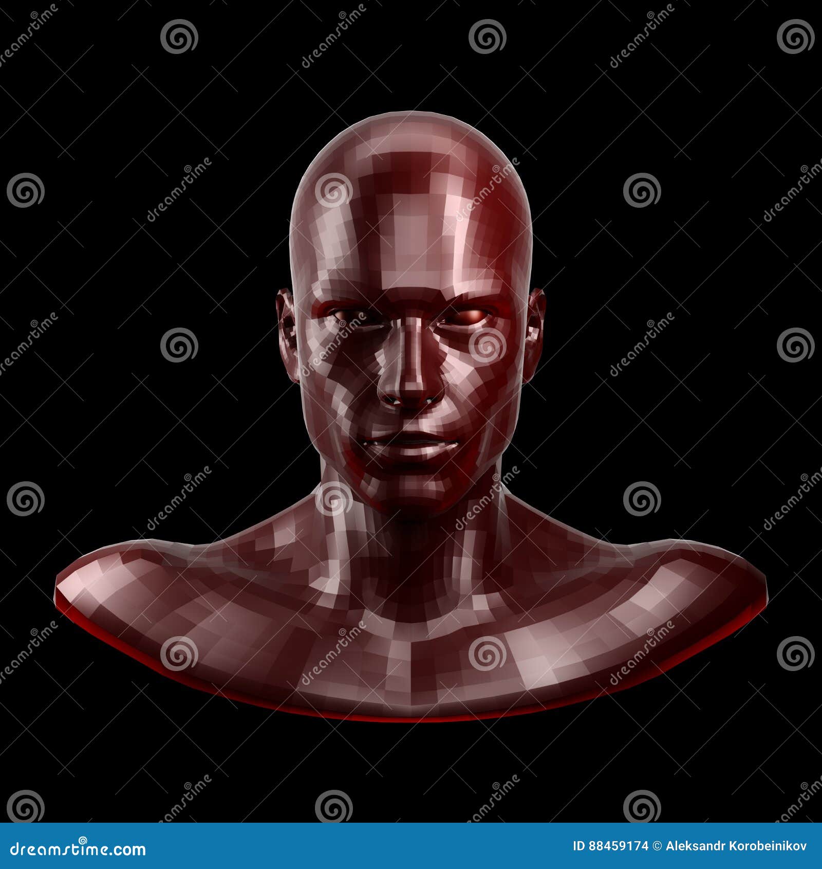 3D Rendering. Faceted Red Robot Face with Red Eyes Looking Front on ...