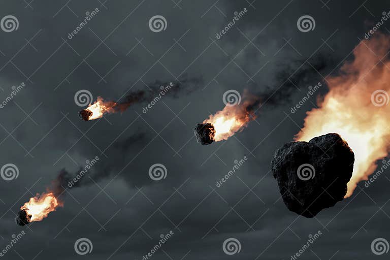 Falling Fireball Meteors in Front of Overcast Sky Stock Illustration ...