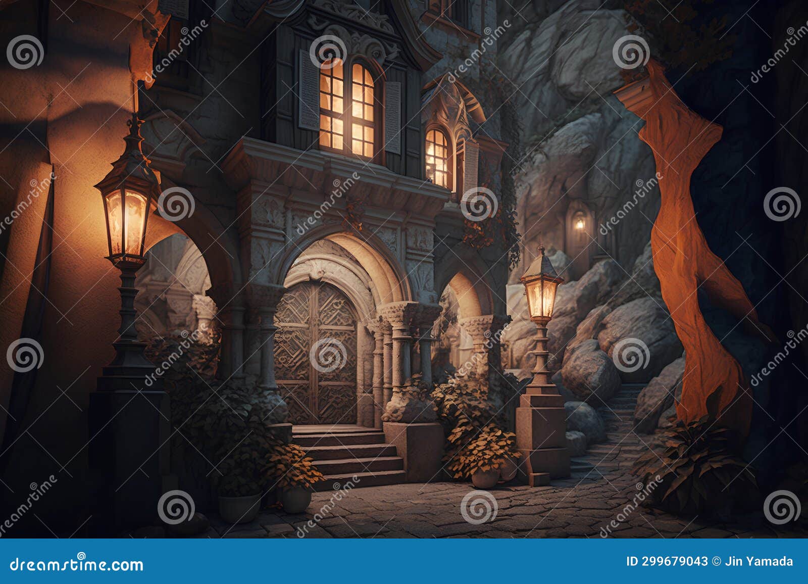 3d Rendering of a Fantasy Castle with Stone Stairs and a Large Window ...