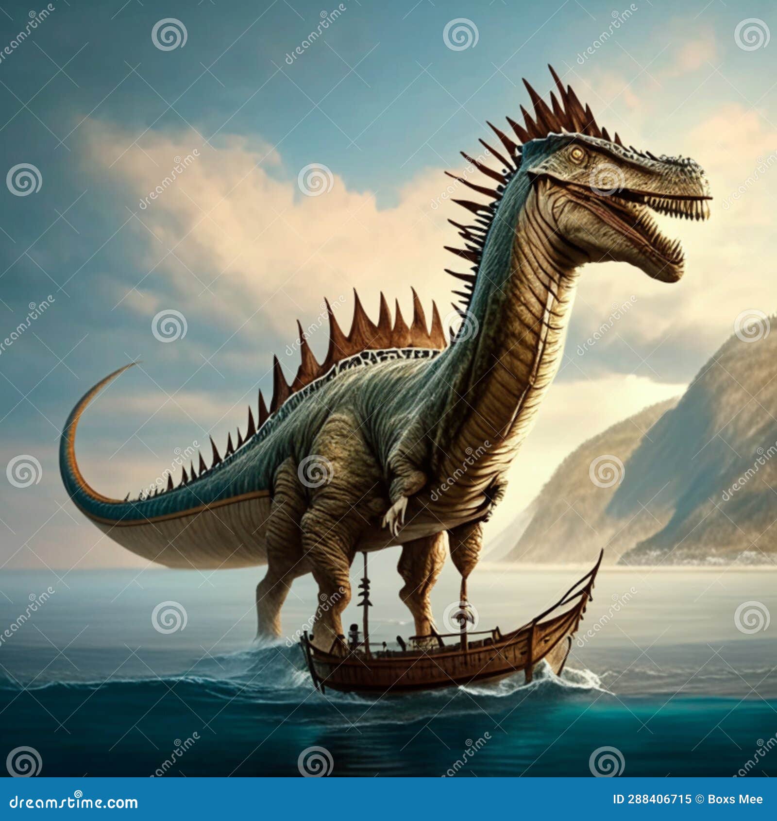 3D Rendering of a Fantasy Dragon Sailing in the Ocean with Mountains in ...