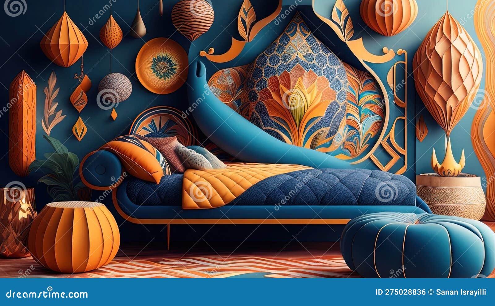 3d Rendering of a Fantasy Interior Design with a Blue Sofa and Pumpkin ...