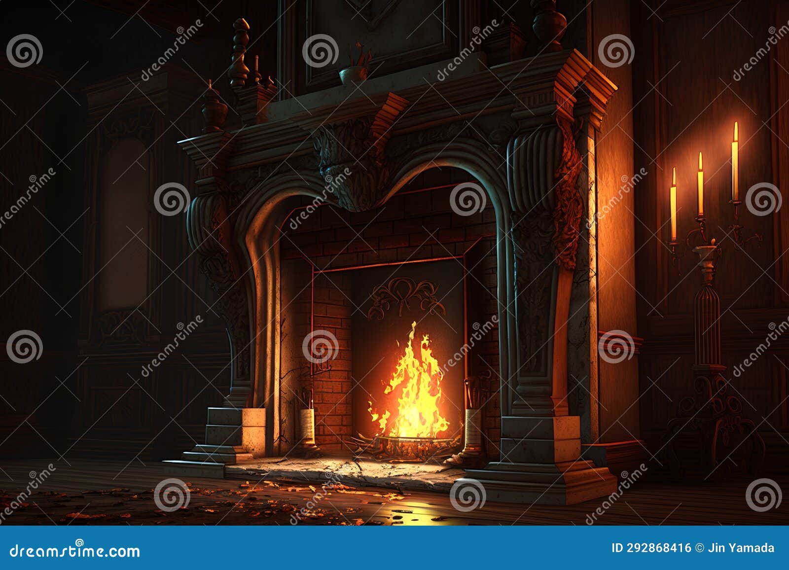 3D Rendering of a Fantasy Interior with Fireplace and Fire in the ...