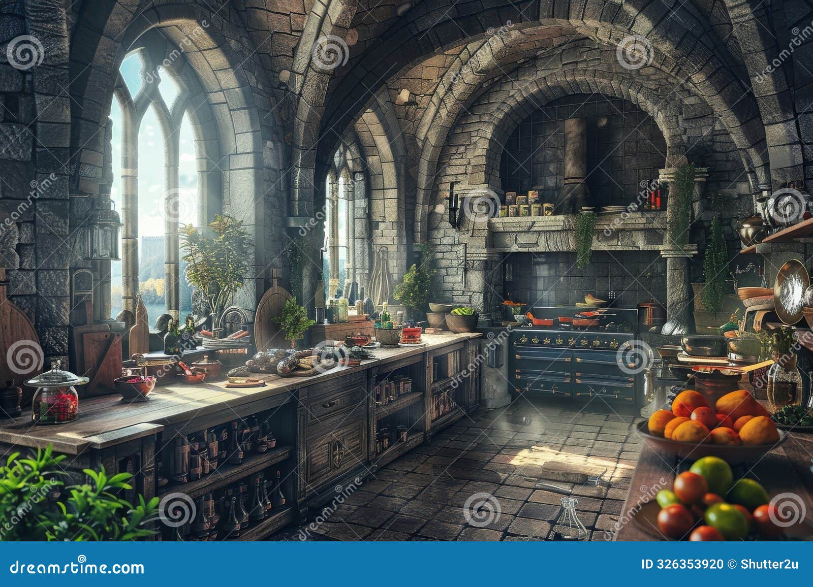 A 3D Rendering of a Fantasy Kitchen in a Castle with Magical ...