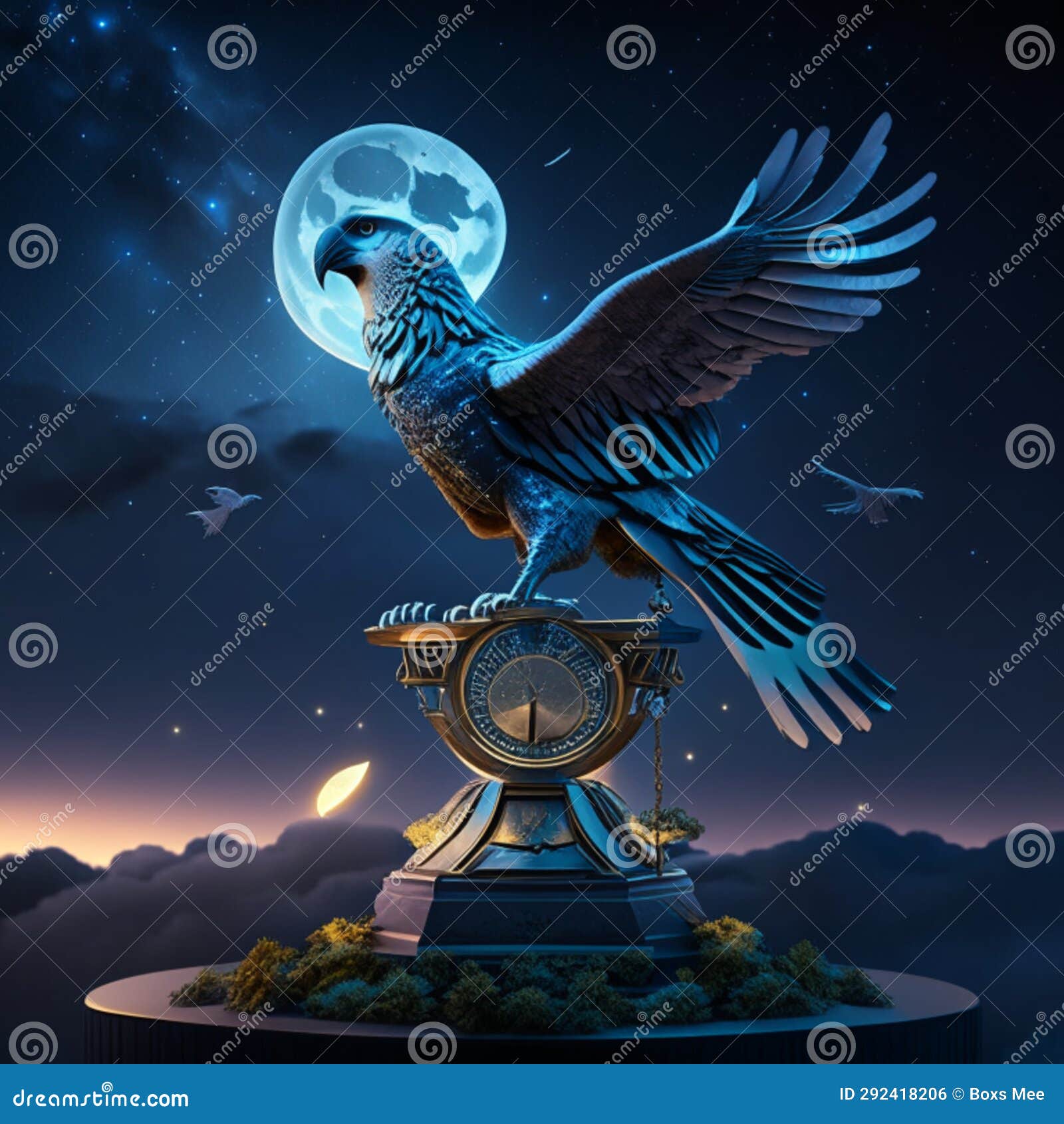 3D Rendering of a Fantasy Scene with an Eagle and a Clock Generative AI ...