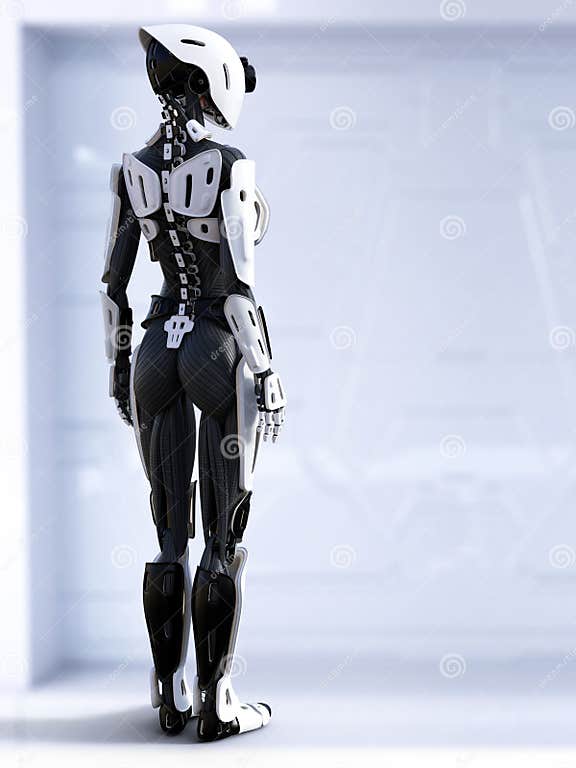 3D Rendering of a Female Android Robot with Back Against Camera Stock ...