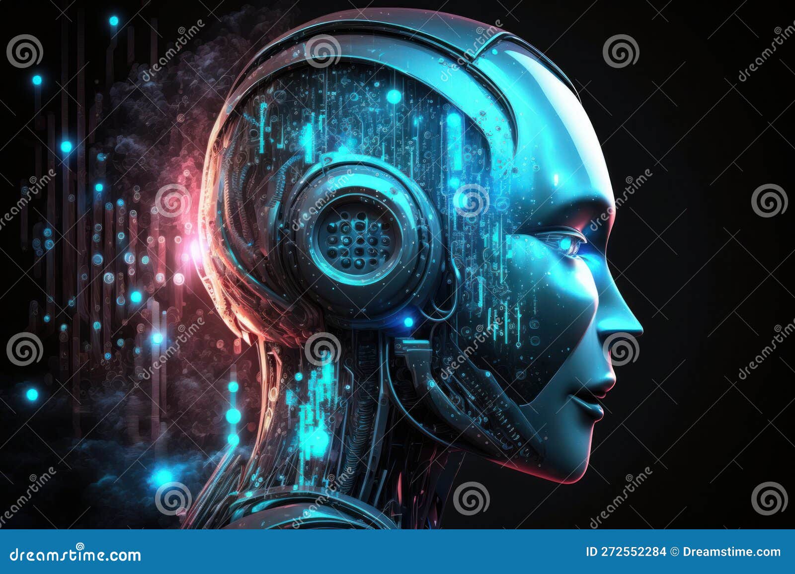 3D Rendering Female Cyborg Head with Circuit Board on Black Background ...