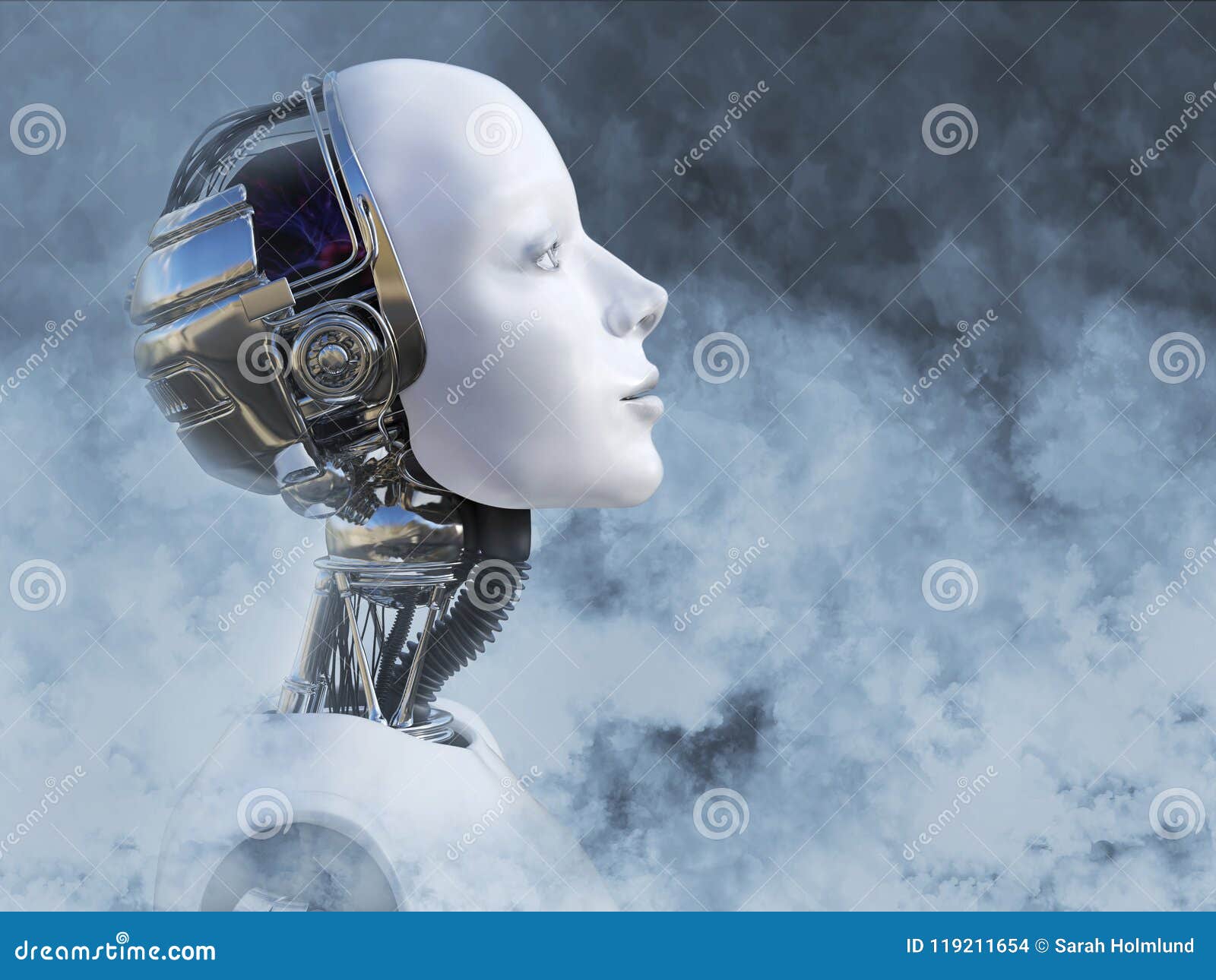 3D Rendering of Female Robot Head Surrounded by Smoke. Stock ...
