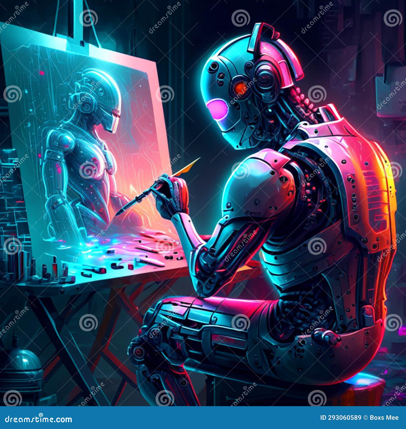 3D Rendering of a Female Robot Playing a Game on a Computer AI ...