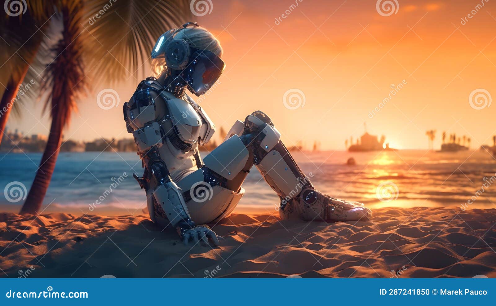 Robot Sitting on the Beach at Sunset Stock Illustration - Illustration of silhouette, robot ...