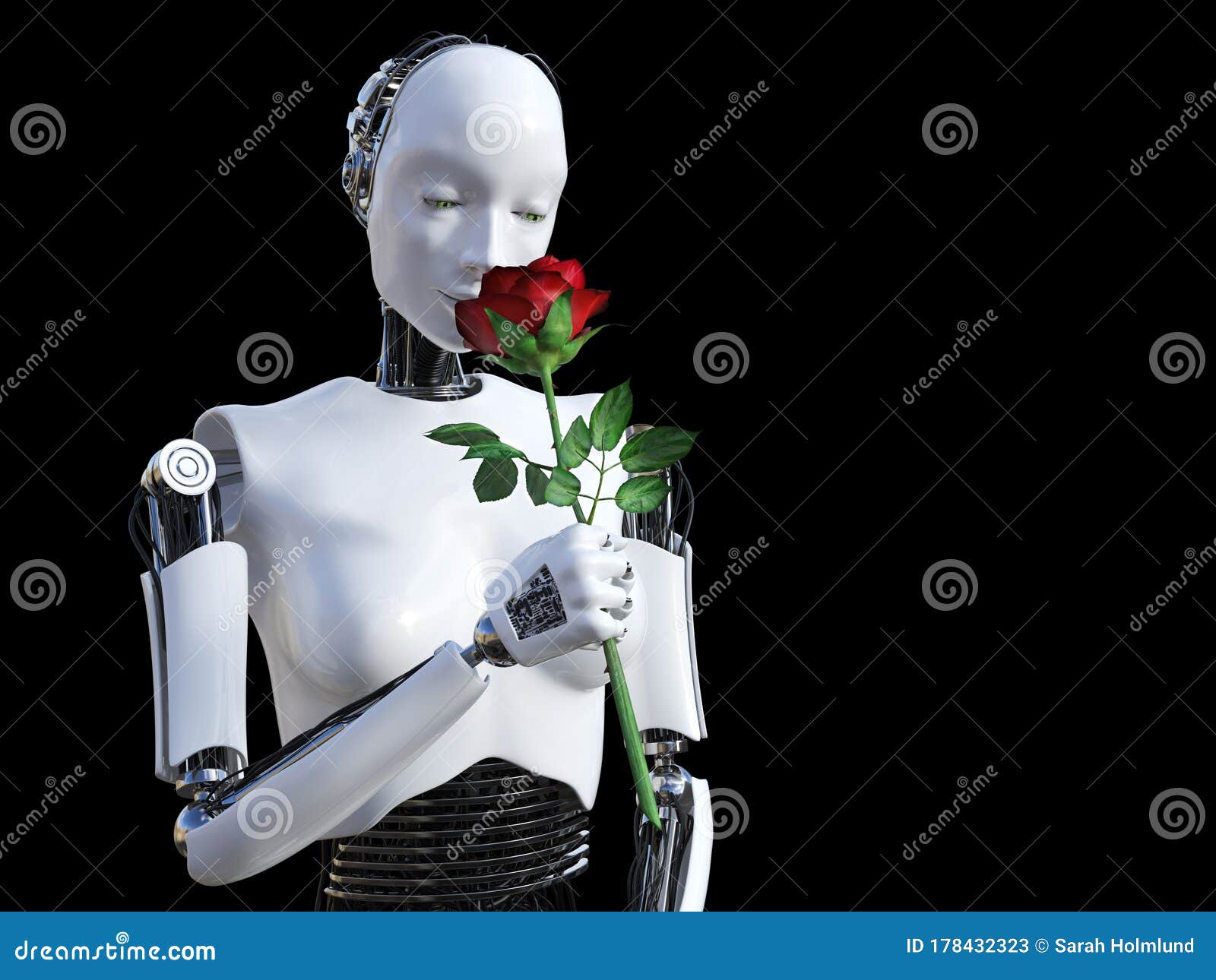 3D Rendering of Female Robot Smelling Red Rose Stock Illustration ...