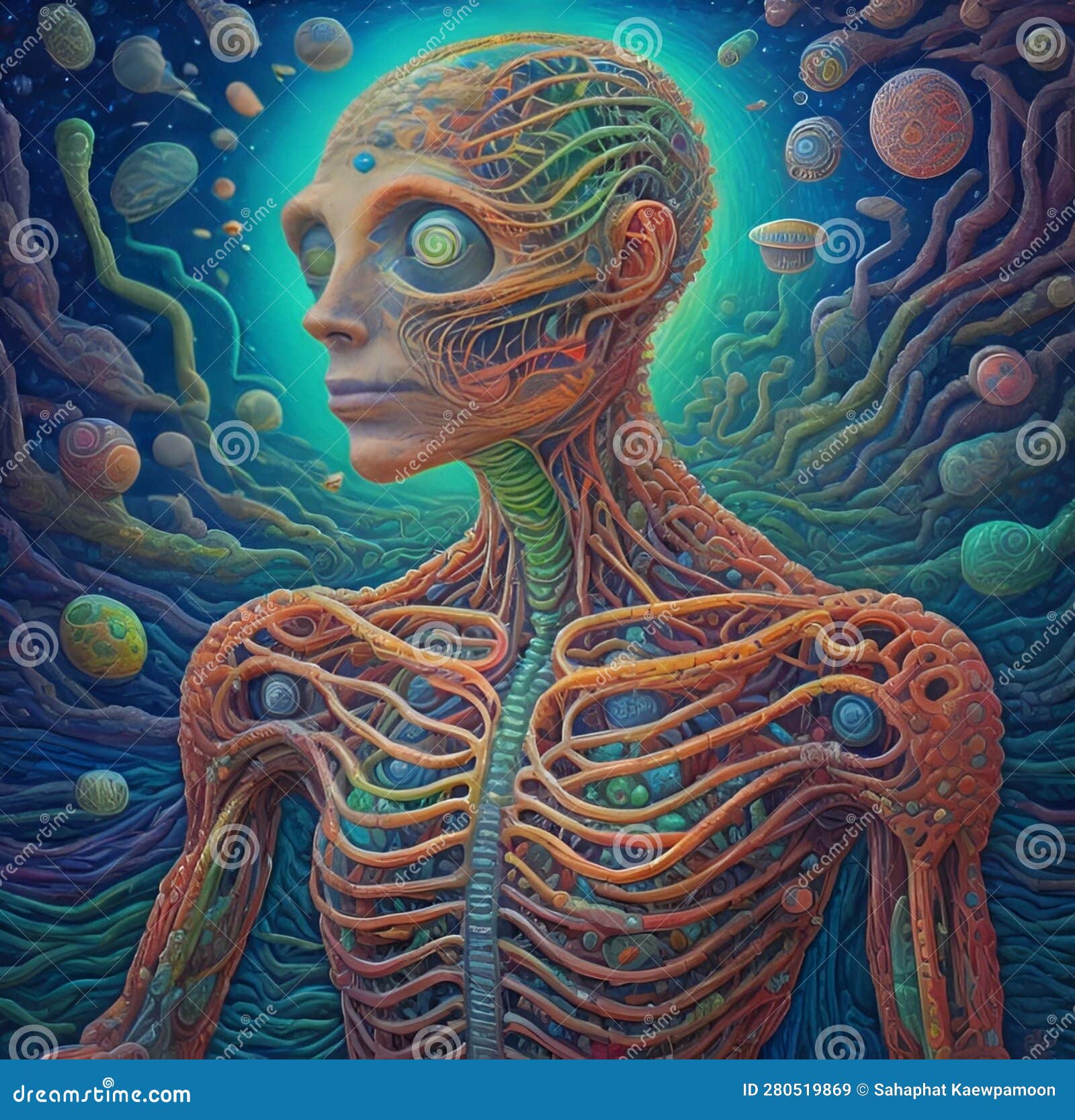 3D Rendering of a Female Skeleton Surrounded by Planets and Stars ...