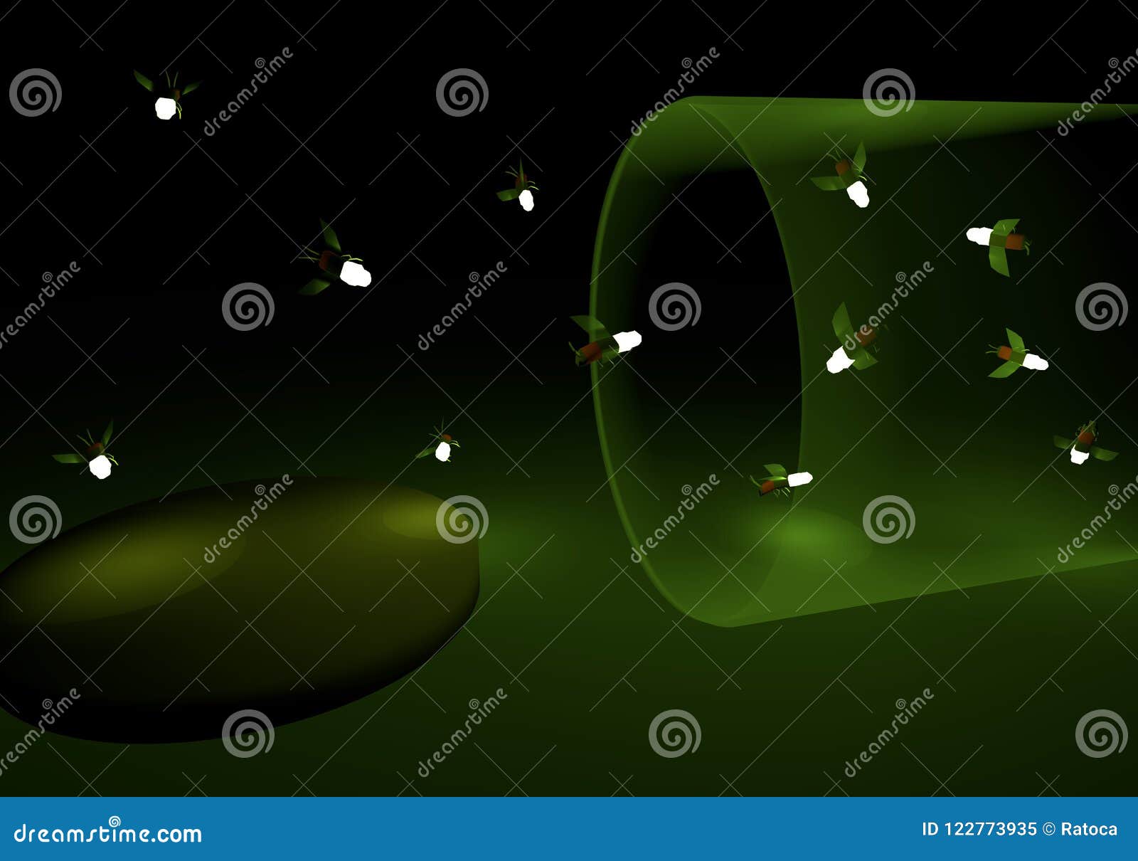 3D Rendering Fireflies in Crystal Bottle Stock Illustration ...