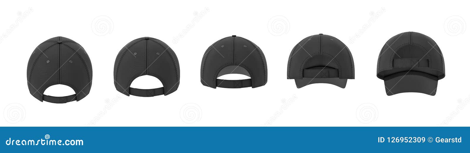 3d Rendering of Five Black Baseball Caps Shown in One Line in a Back ...