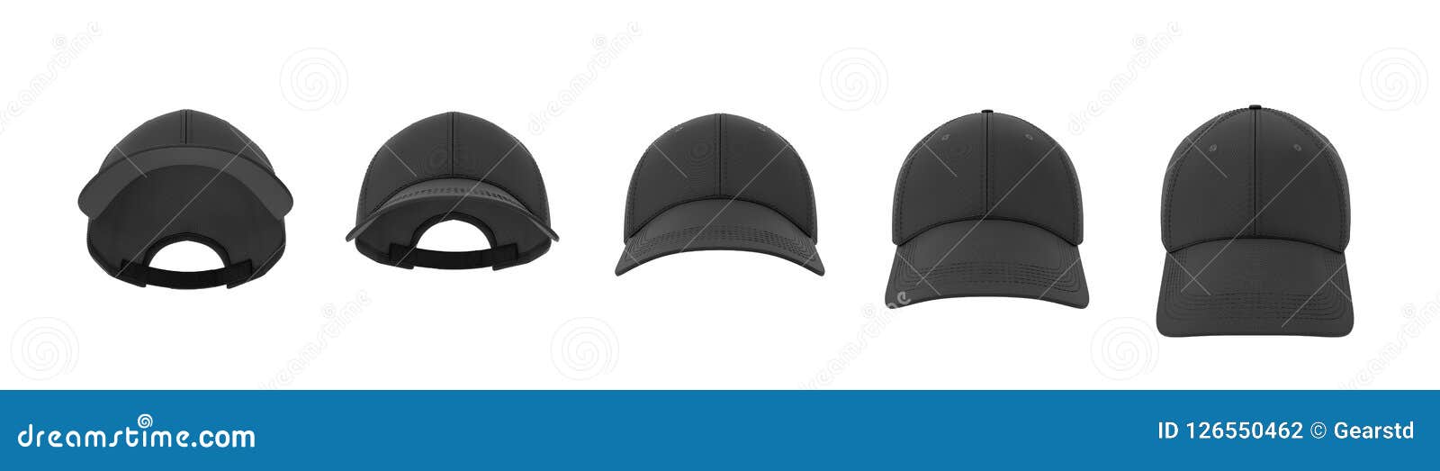 3d Rendering Of Five Black Baseball Caps Shown In One Line In A Front ...