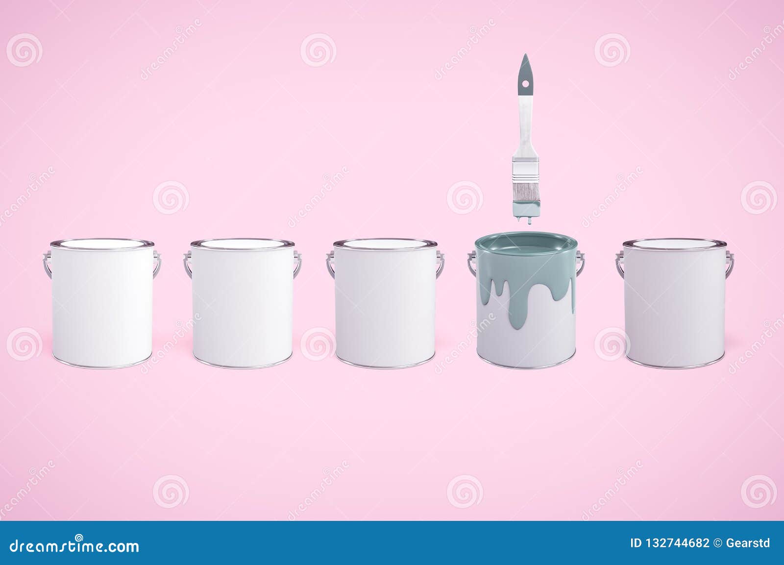 3d Rendering of Five Cans of Paint in a Row, One of Them Open with Grey ...