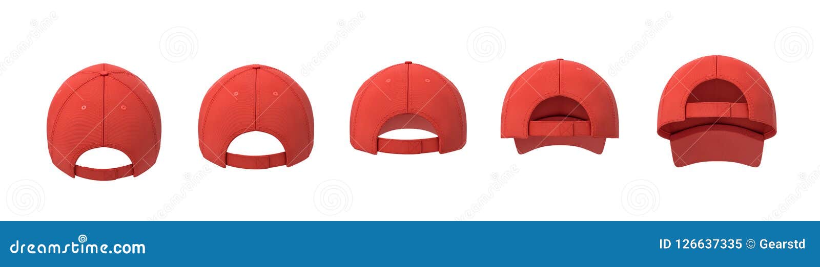 3d Rendering of Five Red Baseball Caps Shown in One Line in a Back View ...