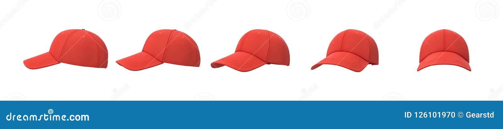 3d Rendering of Five Red Baseball Caps Shown in One Line from Side To ...