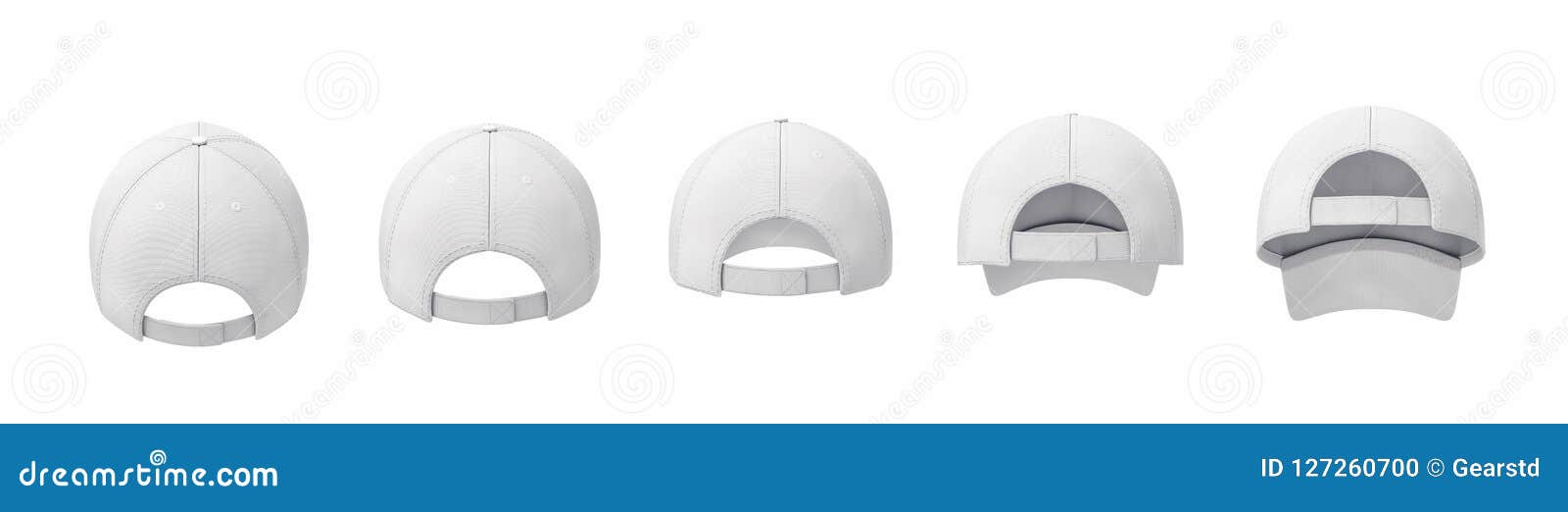 3d Rendering of Five White Baseball Caps Shown in One Line in a Back ...