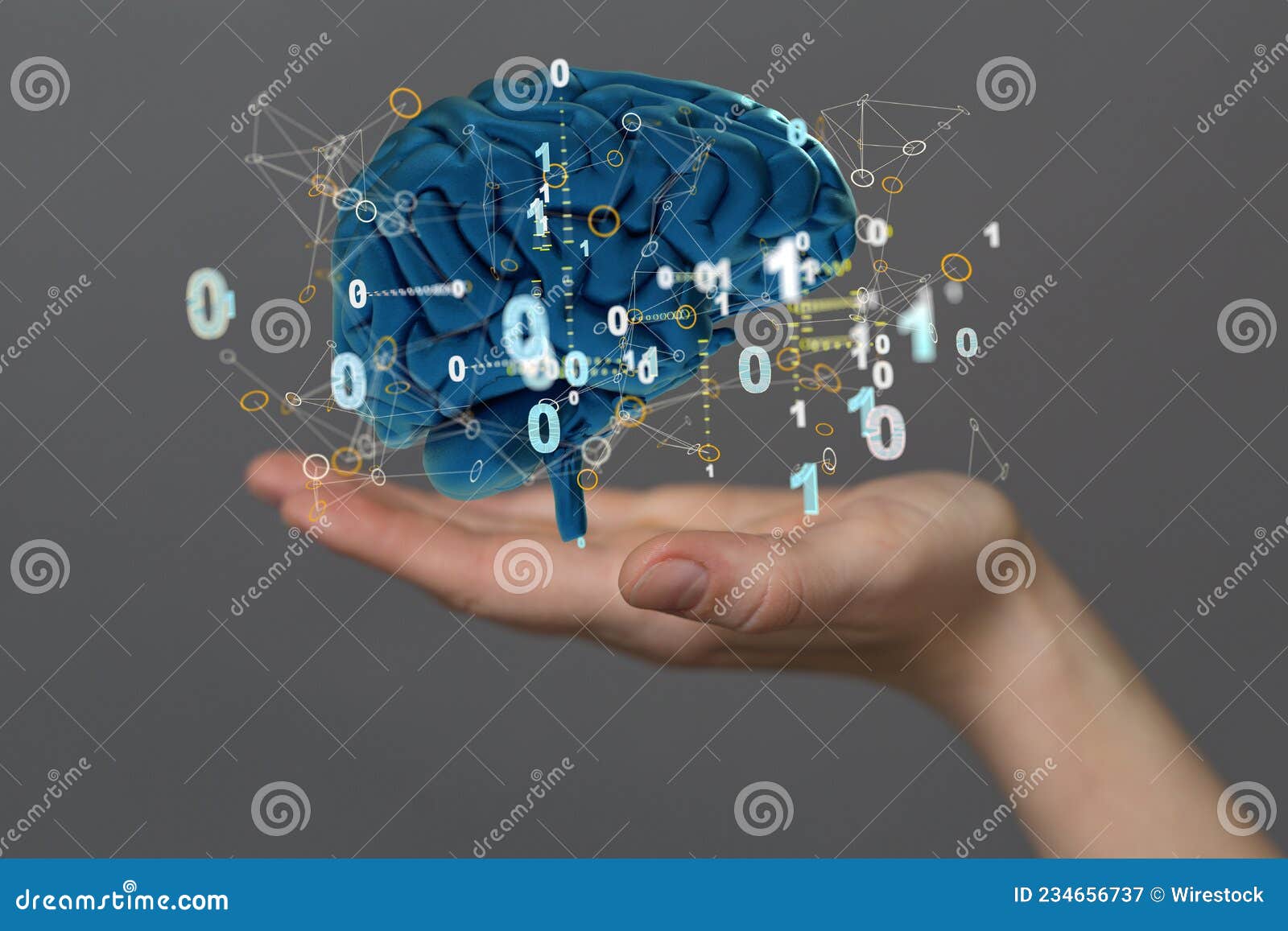 3D Rendering of a Floating Blue Human Brain on a Man S Hand ...