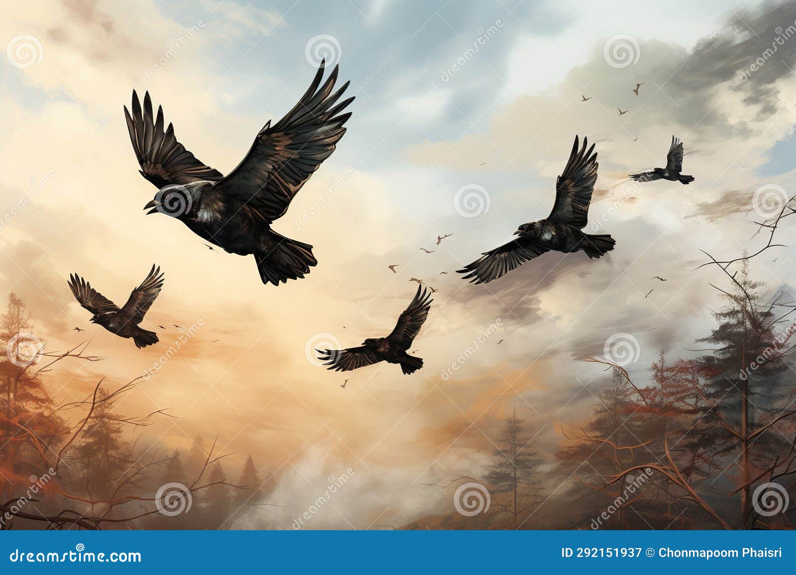 3D Rendering of a Flock of Ravens Flying in the Sky Generative AI ...