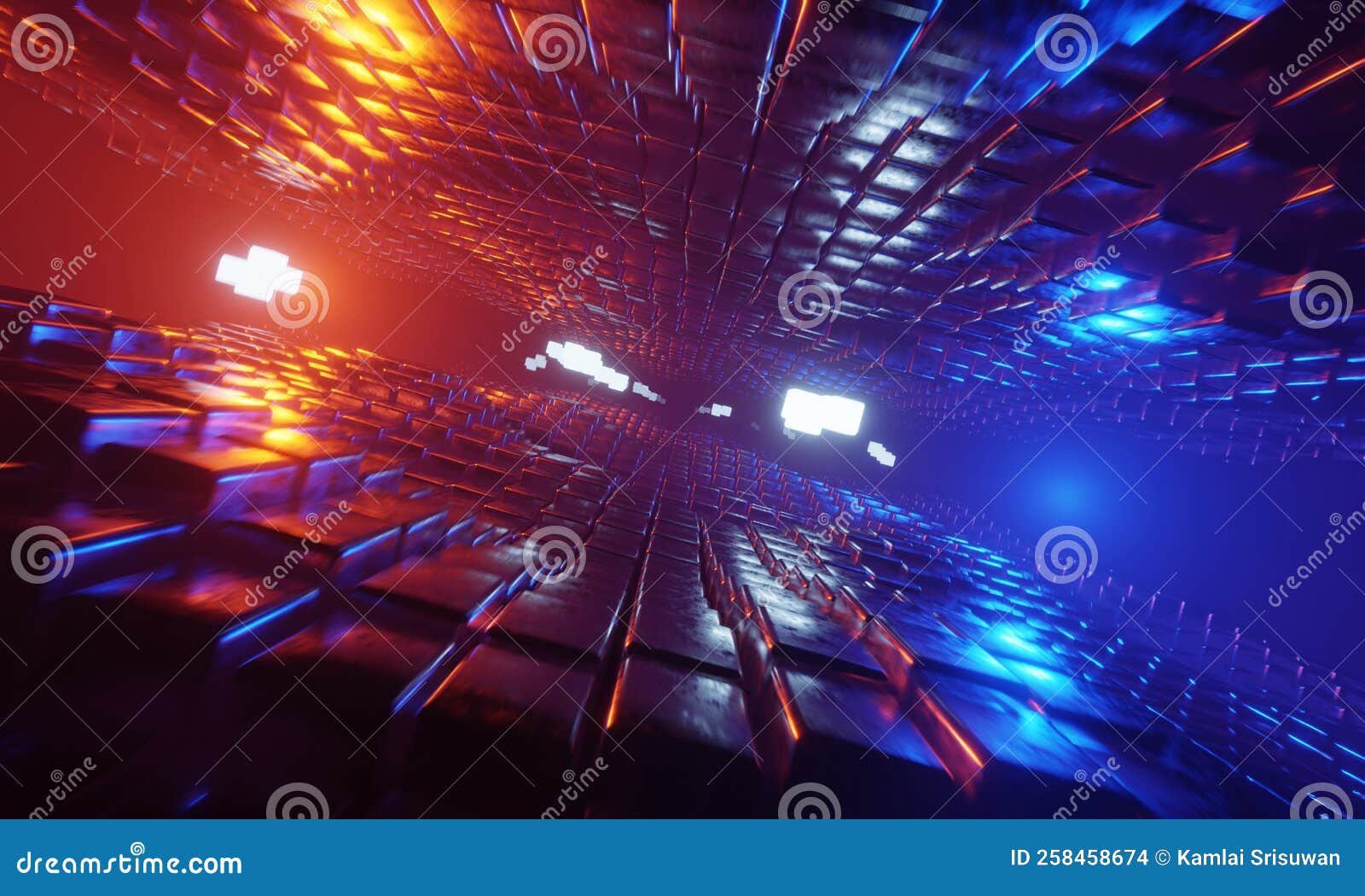 3D Rendering Flying in a Technological Abstract Space with Luminous ...