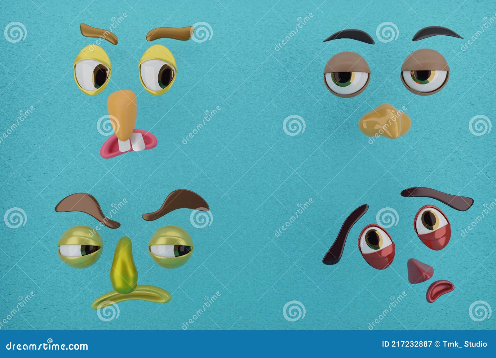 3d Rendering of Four Face Expression, Blue Wall and Unique Face Stock ...