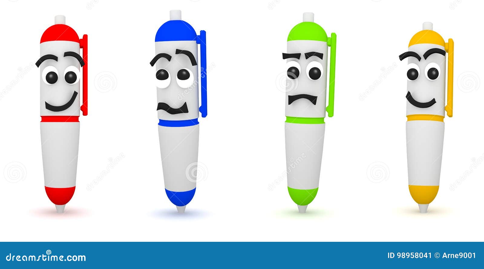 3D Rendering of Four Funny Pens on White Stock Illustration ...