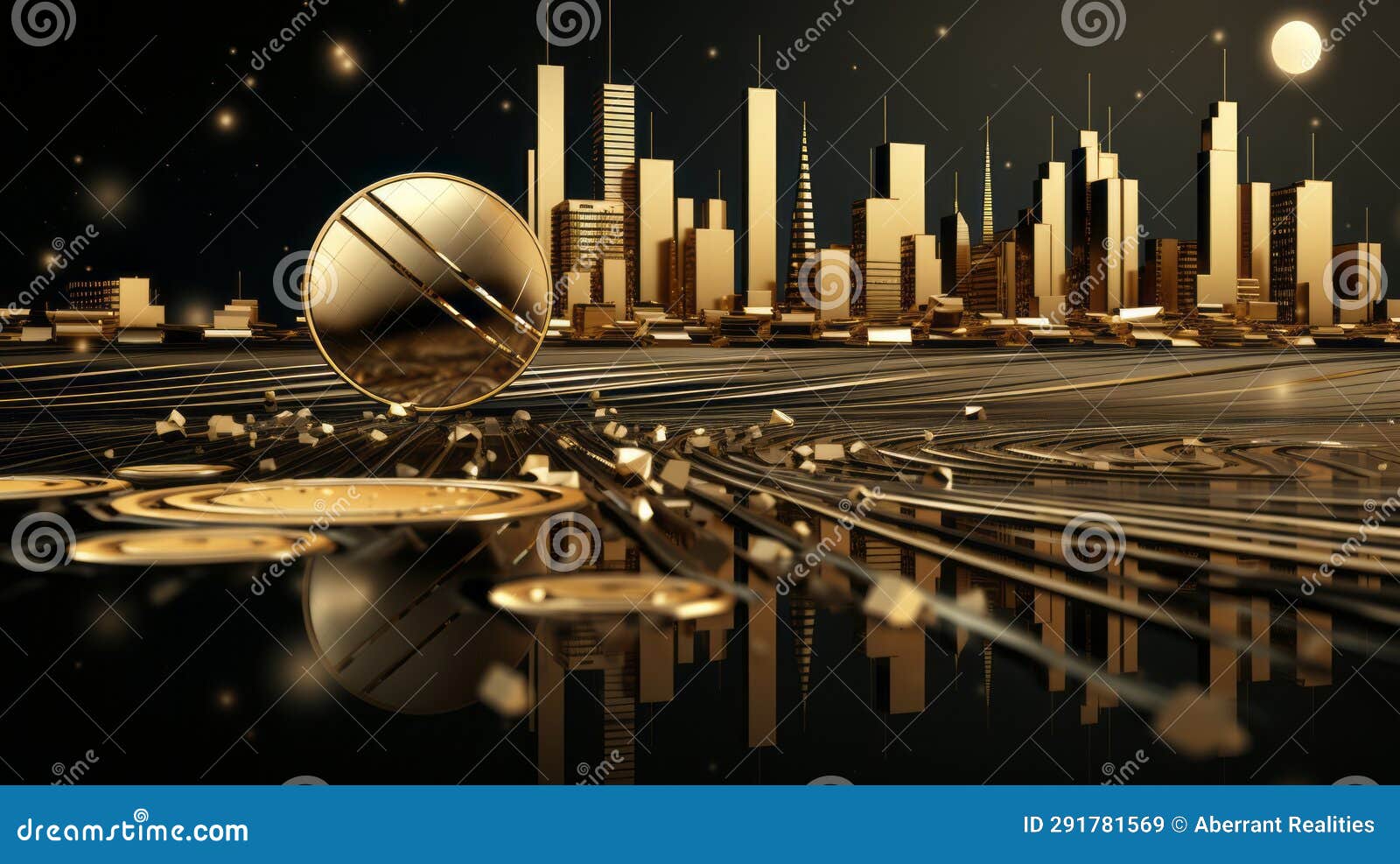 3d Rendering of a Futuristic Cityscape with Gold Coins Stock ...