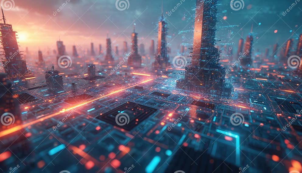 3D Rendering of Futuristic Digital City with Glowing Data Streams ...