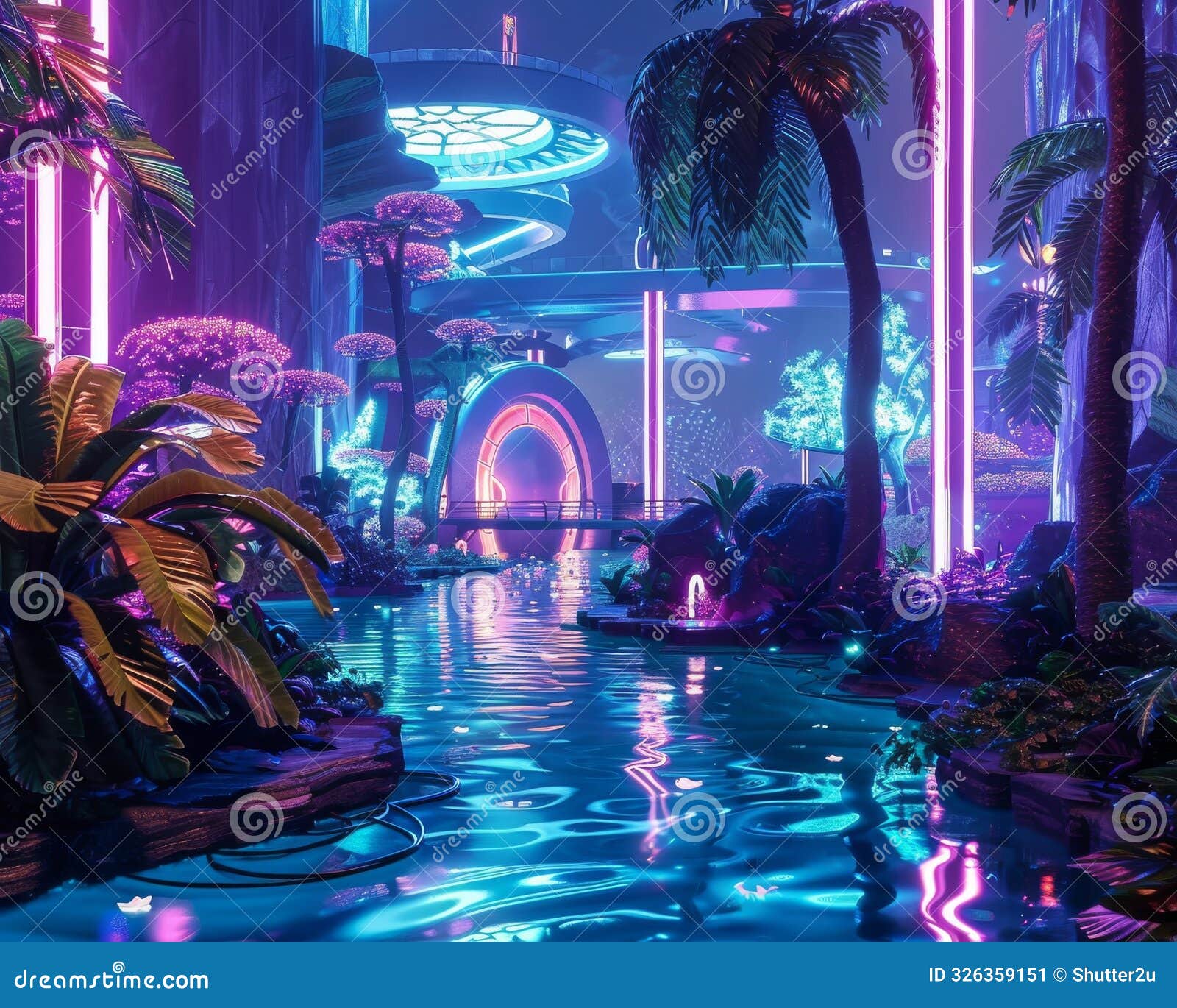 A 3D Rendering of a Futuristic Neon Library with Floating Books and ...